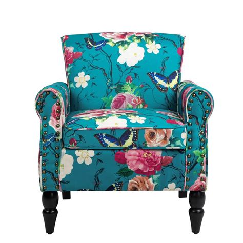 Uixe Mid Century Blue Multicolor Floral Linen Upholstered Accent