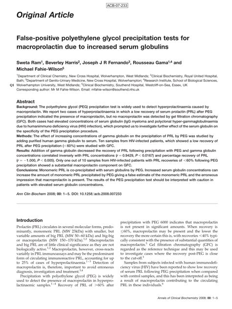 Pdf False Positive Polyethylene Glycol Precipitation Tests For Macroprolactin Due To Increased