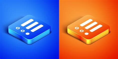 파란색과 주황색 배경에서 격리된 등각투영 작업 목록 아이콘입니다 제어 목록 기호입니다 설문 조사 또는 설문 지 피드백 양식 정사각형 버튼 벡터 일러스트레이션 3차원 형태에