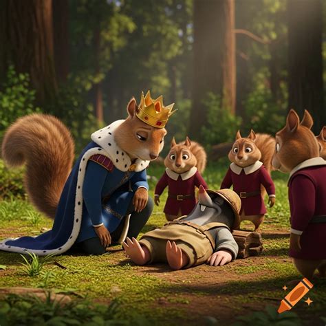 A Squirrel King In A Crown And Royal Robe Kneels Over A Deceased Mole