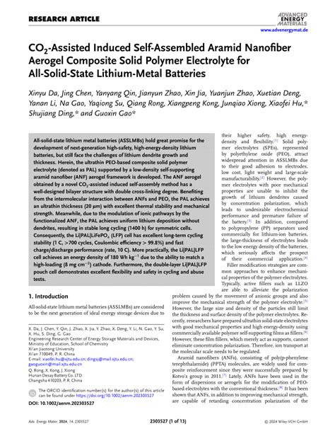 Co2‐assisted Induced Self‐assembled Aramid Nanofiber Aerogel Composite Solid Polymer Electrolyte