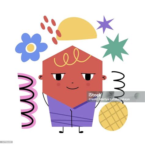 추상 기하학적 문자입니다 귀여운 얼굴 다리 손 재미있는 그래픽 마스코트를 가진 기본 다각형 그림 현대 유치한 생물 포스터 또는 배너 고립 된 개체 벡터 만화 낙서 그림 0