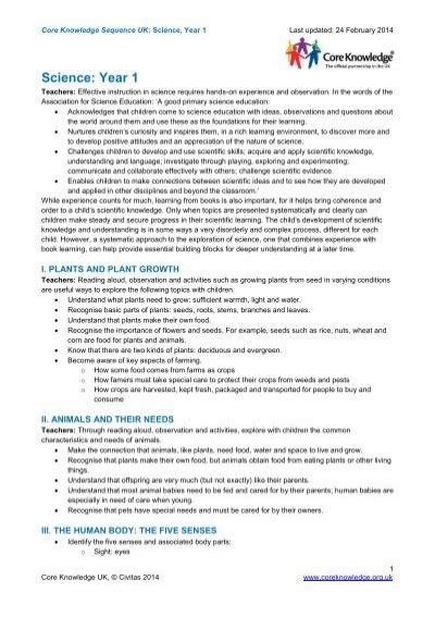 Core Knowledge Sequence Uk Science Year 1