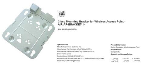 Cisco Air Ap Bracket 1 Ap 1040 1140 1260 3500 Series Mounting Bracket Low Profile