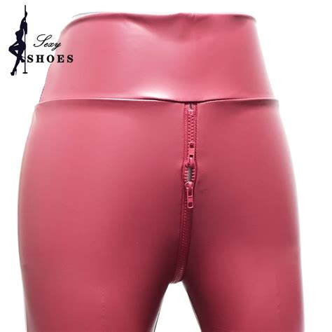 Wine Red Sexy Women Pants Zipper Open Crotch Skinny Tummy Control Butt