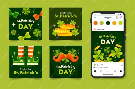 플랫 세인트 패트릭 데이 인스 타 그램 게시물 모음 무료 벡터