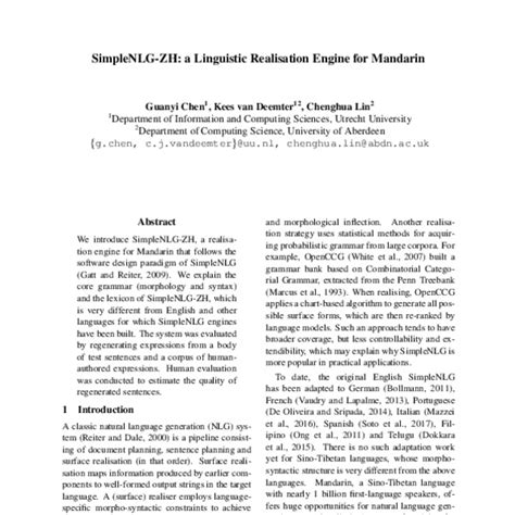Simplenlg Zh A Linguistic Realisation Engine For Mandarin Acl Anthology