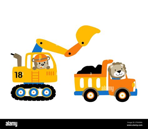 Funny Monkey On Backhoe Loader Cute Lion On Dump Truck Vector Cartoon