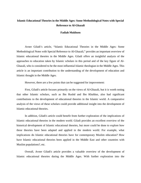 Pdf Islamic Educational Theories In The Middle Ages Some