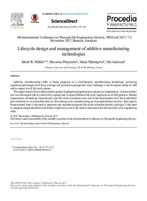 Pdf Lifecycle Design And Management Of Additive Manufacturing Technologies