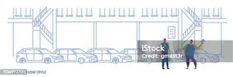 판매자 남자 구매자 자동차 구매 판매 또는 임대 개념 자동차 대리점 센터 쇼 룸 건물 인테리어 스케치 흐름 스타일 전체 길이 수평 배너 벡터 일러스트 레이 션 개념에 대한