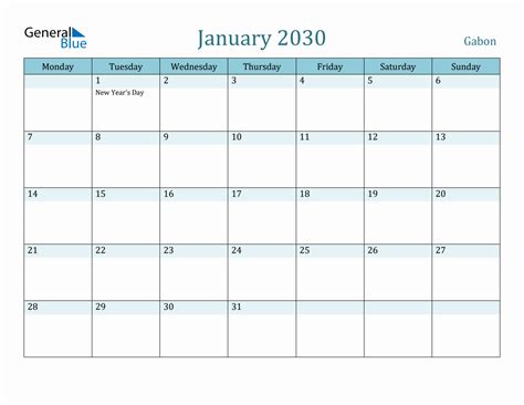 Gabon Holiday Calendar For January 2030 Monday Start