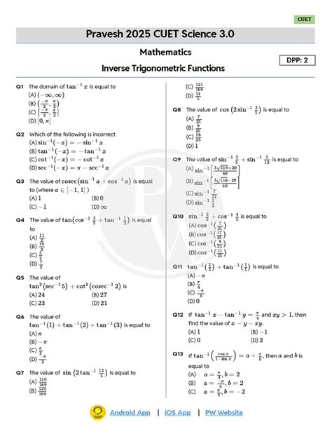 Inverse Trigonometric Functions Dpp 02 Extra Dpp Pravesh 2025 Cuet