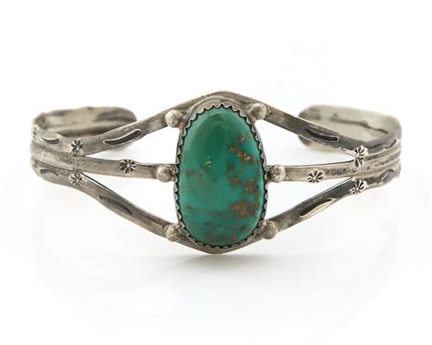 Navajo Bracelet Sterling Silver Turquoise Hand Stamped Native American