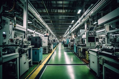 Futuristic Smart Factory With Robots Humans And Advanced Tech Under Cool Blue Lights Stock