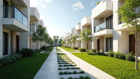 Modern Townhouses In Residential Area New Buildings With Green Lawn
