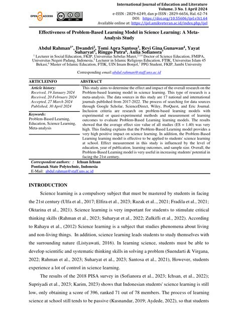 Pdf Effectiveness Of Problem Based Learning Model In Science Learning