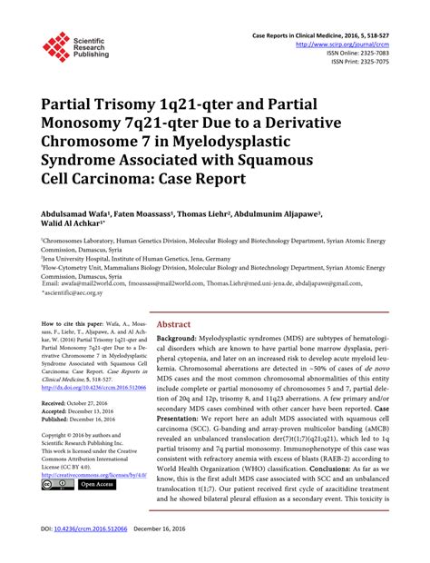 Pdf Partial Trisomy 1q21 Qter And Partial Monosomy 7q21 Qter Due To A