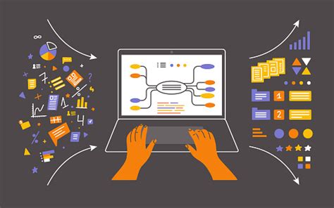 데이터 분석 벡터 디지털 마인드 맵을 사용하여 노트북에서 작업하고 정보를 정렬하는 인간의 손으로 일러스트레이션 노트북에 대한
