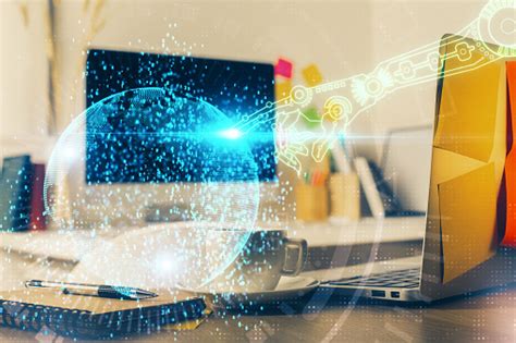 데스크톱 컴퓨터 및 기술 테마 홀로그램의 멀티 노출 소프트웨어 개발의 개념 가구에 대한 스톡 사진 및 기타 이미지 가구