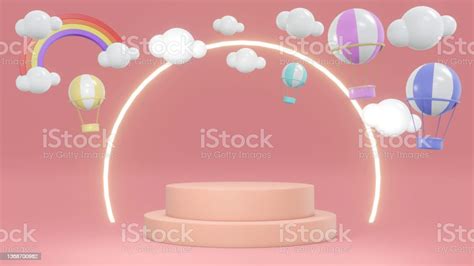 핑크 테마 무지개 연단의 3d 렌더링 개념 제품 스탠드 연단 디스플레이 무지개 구름 열기구와 상업 디자인에 대 한 배경에 별