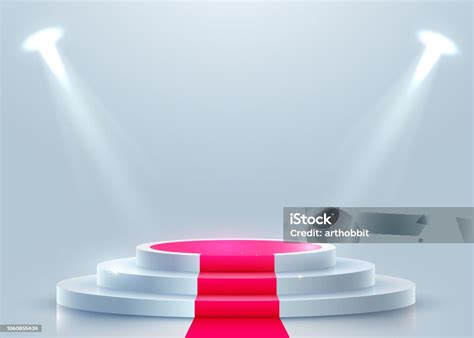 스포트 라이트로 조명 하는 레드 카펫에와 함께 추상 라운드 연단 수상 의식 개념입니다 무대 배경 막입니다 강단에 대한 스톡 벡터