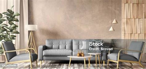 현대 아파트의 인테리어 디자인 거실의 회색 소파 회색 안락의자 집 디자인 3d 렌더링베이지 벽 모형 거실에 대한 스톡 사진 및 기타 이미지 Istock