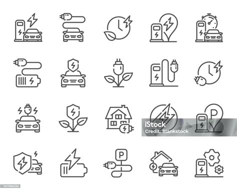 전기 자동차 충전 라인 아이콘입니다 충전 스테이션 Ev 주차 및 배터리 충전기 세트 벡터 전기 자동차 대체 연료 차량에 대한