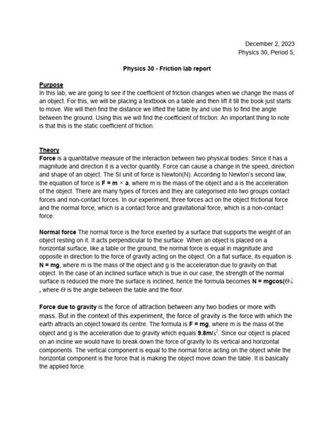 Friction Lab Report Pdf Force Friction