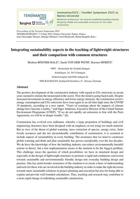 Pdf Integrating Sustainability Aspects In The Teaching Of Lightweight Structures And Their