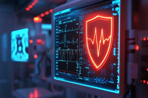 Hospital Monitor Showing Vital Signs With Glowing Cybersecurity Shield For Secure Medical