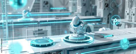 Futuristic Automated Factory Floor With Robotic Arms And Digital Displays Stock Illustration