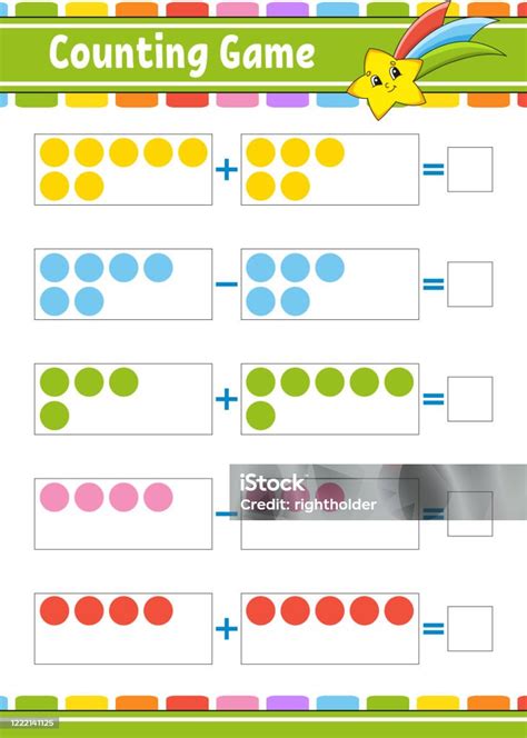 덧셈 과 뺄셈 아이들을위한 작업 교육 개발 워크 시트 활동 색상 페이지입니다 어린이를위한 게임 재미있는 캐릭터 격리된 벡터 그림입니다 만화 스타일입니다 개발에 대한 스톡