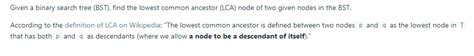 Leetcode Lowest Common Ancestor Of A Binary Search Tree