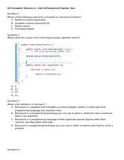 1 Pdf AP Computer Science A Unit 10 Recursion Practice Test
