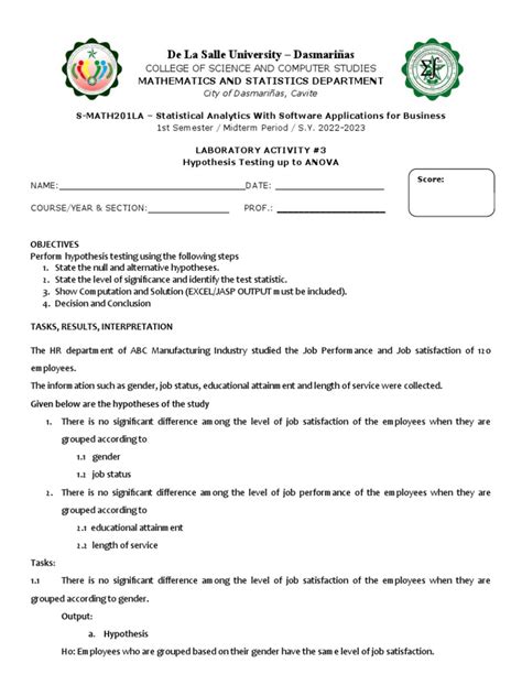 Laboratory Exercise 3 Pdf P Value Analysis Of Variance