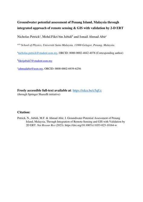 Pdf Groundwater Potential Assessment Of Penang Island Malaysia Through Integration Of Remote