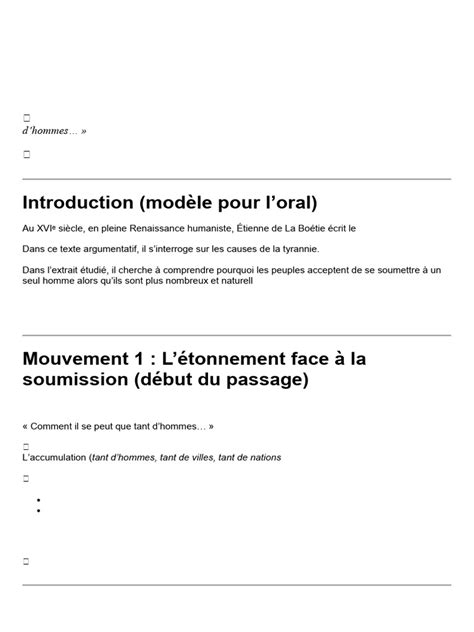 Analyse Linéaire Type Oral Du Bac Discours De Servitude Pdf