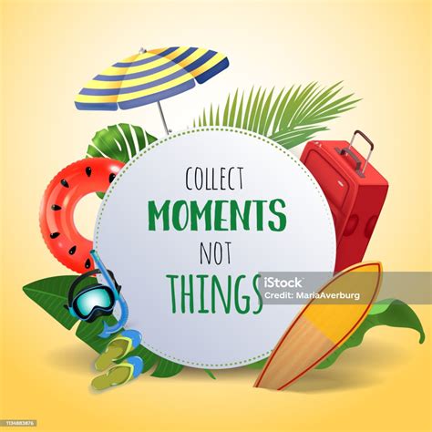 일이 아닌 순간을 수집 합니다 영감 따옴표 동기 부여 배경 광고 및 소셜 미디어를 위한 여름 디자인 레이아웃 현실적인 열 대 해변 디자인 요소입니다 0명에 대한 스톡 벡터