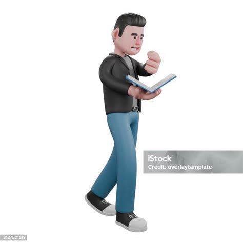 만화 스타일의 3d 모델 한 남성 시나리오 작가가 웃는 표정으로 책을 들고 오른손으로 걷고 있다 만화 시나리오 작가 일러스트 디자인 3차원 형태에 대한 스톡 사진 및 기타