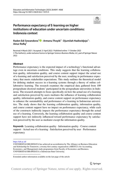 Performance Expectancy Of E Learning On Higher Institutions Of