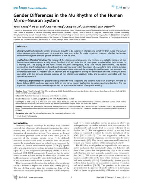 Pdf Gender Differences In The Mu Rhythm Of The Human Mirror Neuron System