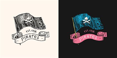 해적 두개골 깃발 로고 졸리 로저 또는 해적 해양 및 해상 또는 바다 바다 엠블럼 새겨진 손으로 그려진 오래된 라벨 또는 배지