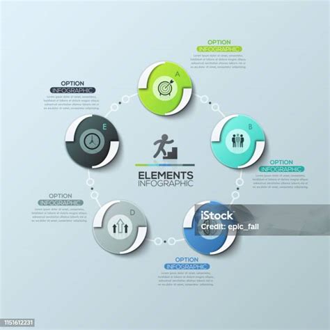 라인과 텍스트 박스로 연결 된 5 개의 라운드 요소가 있는 원형 다이어그램 최신 인포 그래픽 디자인 레이아웃 5가지 개체에 대한 스톡 벡터 아트 및 기타 이미지 Istock