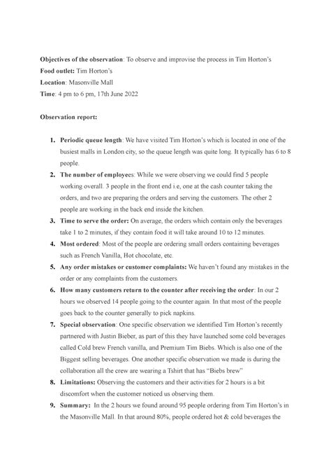 Observation Assignment Objectives Of The Observation To Observe And