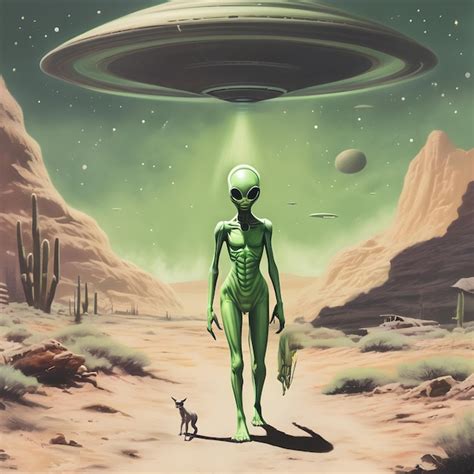 A Alien With A Dog And An Alien Head With A Star In The Background
