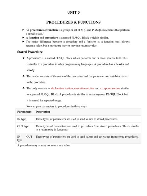 Unit 5 Procedures And Functions Stored Procedure Pdf Plsql Subroutine