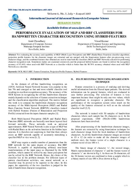 Pdf Performance Evaluation Of Mlp And Rbf Classifiers For Handwritten Character Recognition