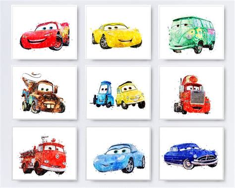 Cars Set 9 Print Mcqueen Tow Mater Watercolor Cars Printable Pixar Cars