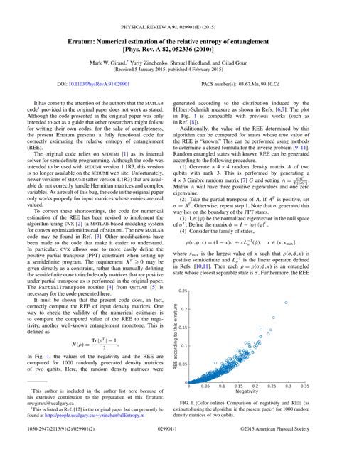 Pdf Erratum Numerical Estimation Of The Relative Entropy Of Entanglement Phys Rev A 82